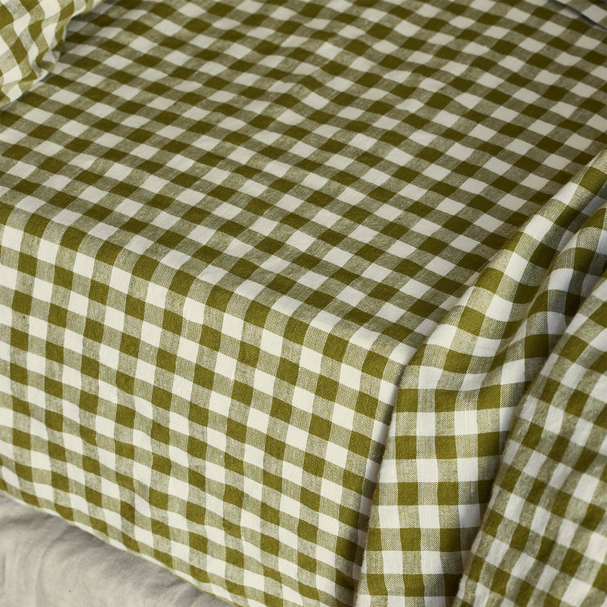 Botanical Green Gingham 100% Linen Fitted Sheet | Piglet in Bed US