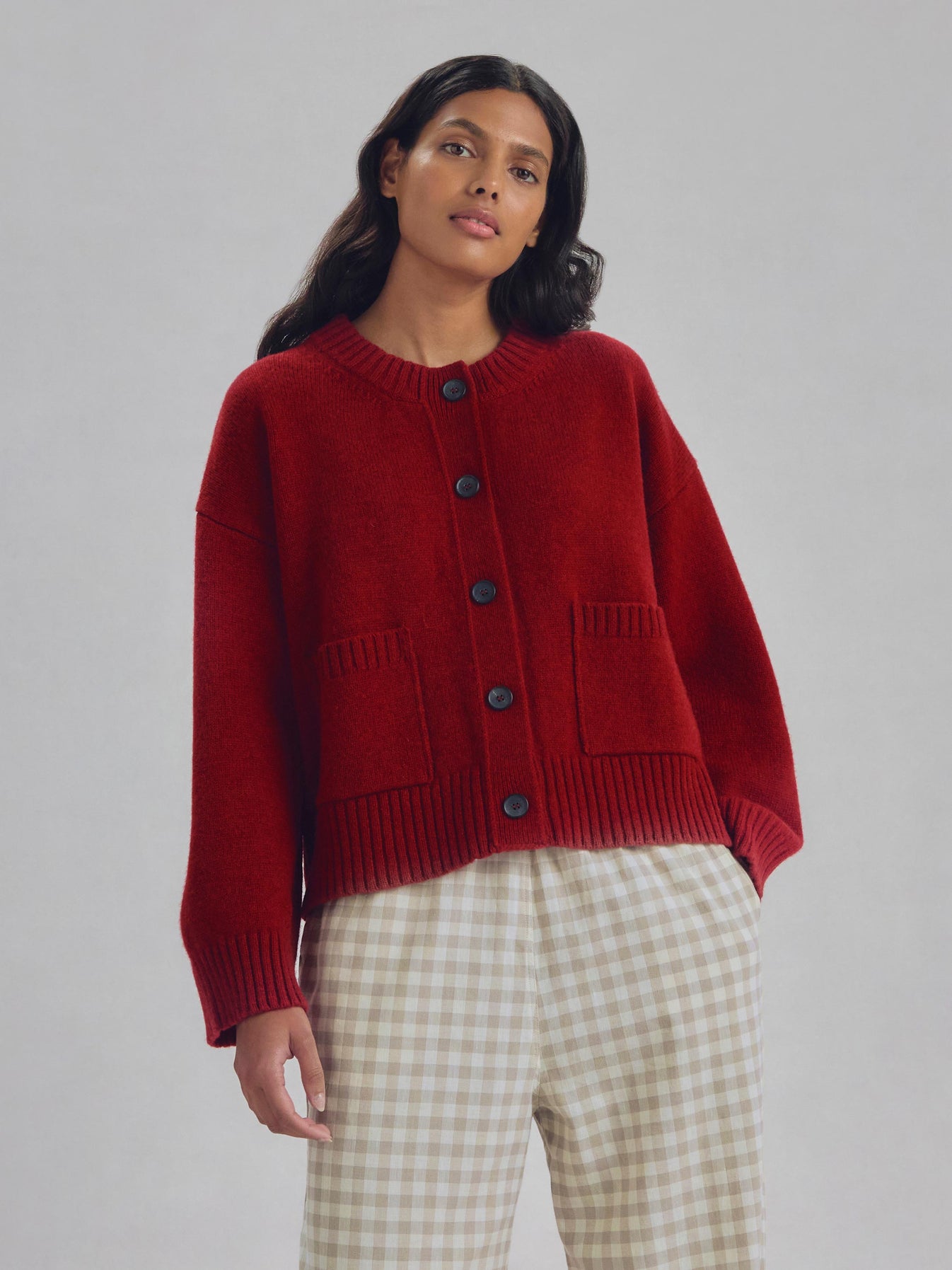 Red Crew Neck Wool Cardigan | Piglet in Bed US