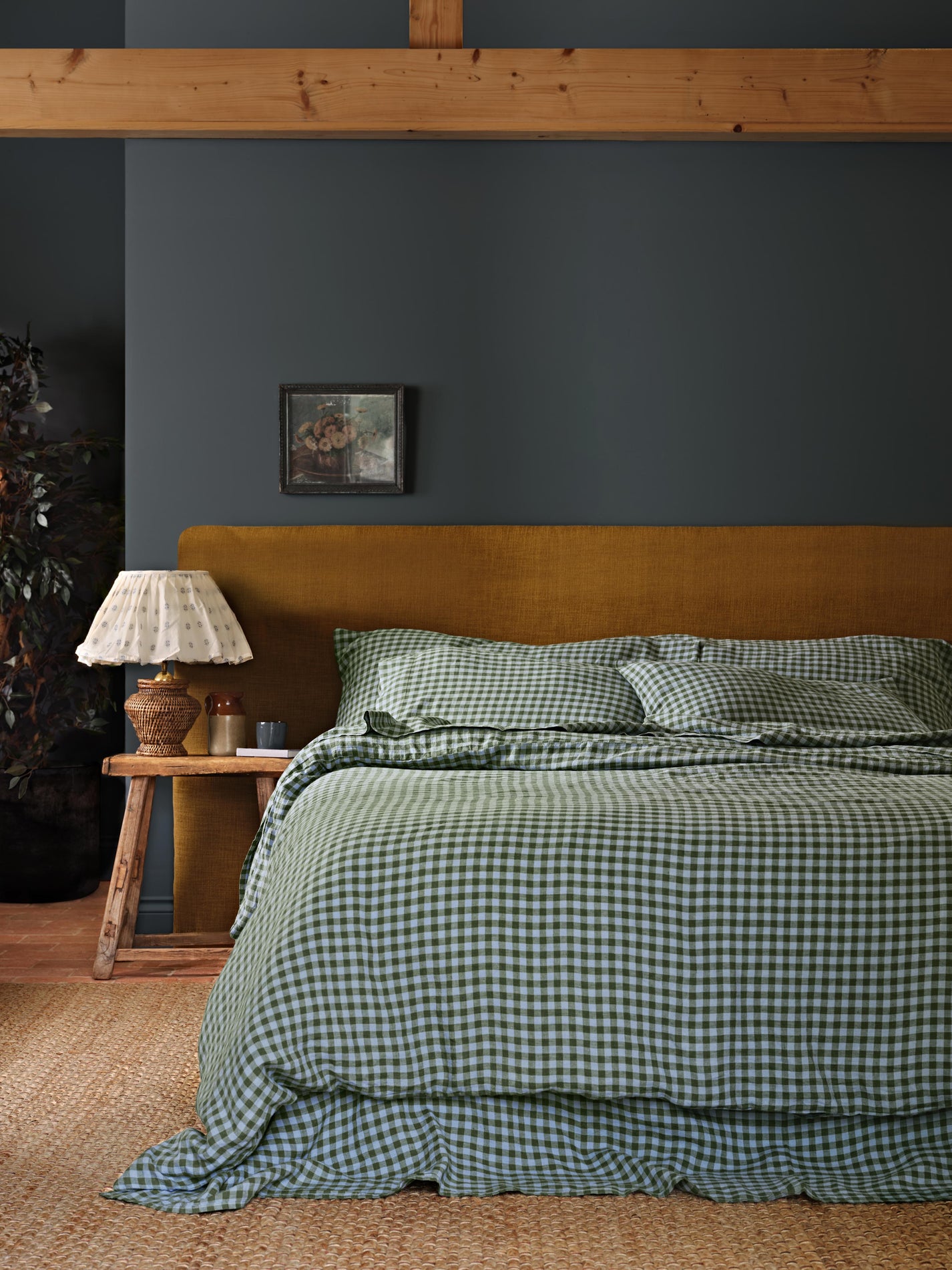Fern Green & Dusk Blue Color Drenched Gingham 100% Linen Duvet Cover ...