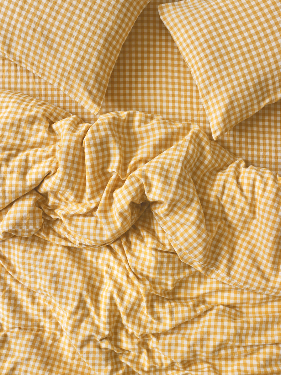 Honey Gingham Linen Blend Flat Sheet | Piglet in Bed US