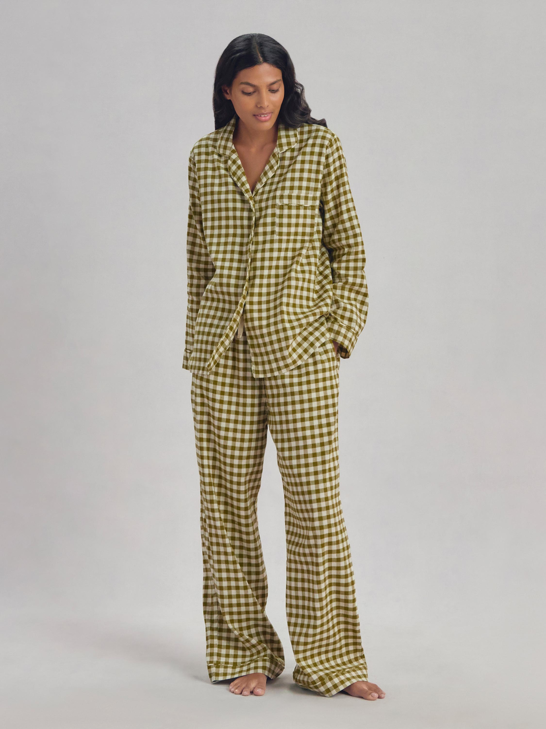 Botanical Green Gingham Linen Blend Pajama Set | Piglet in Bed US