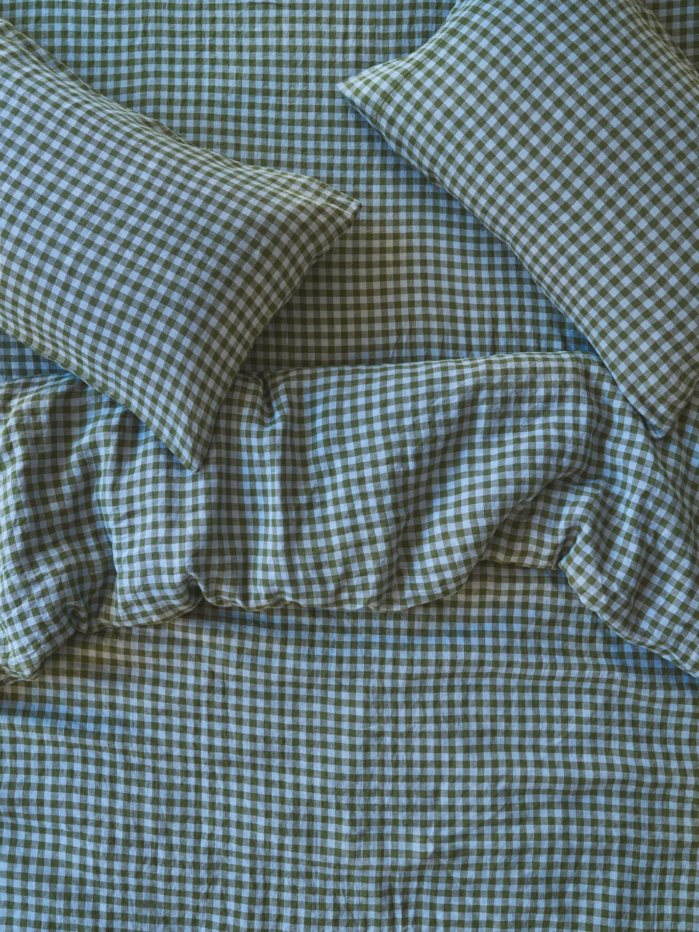 Fern Green & Dusk Blue Color Drenched Gingham Linen Blend Bed Skirt ...