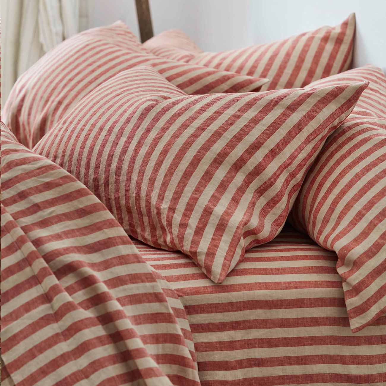 Sandstone Red Pembroke Stripe Linen Blend Flat Sheet | Piglet in Bed US