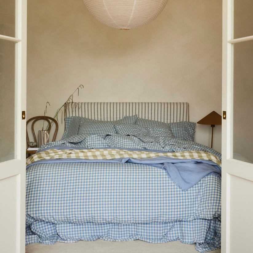 Warm Blue Gingham Linen Blend Curtains (Pair) | Piglet in Bed US