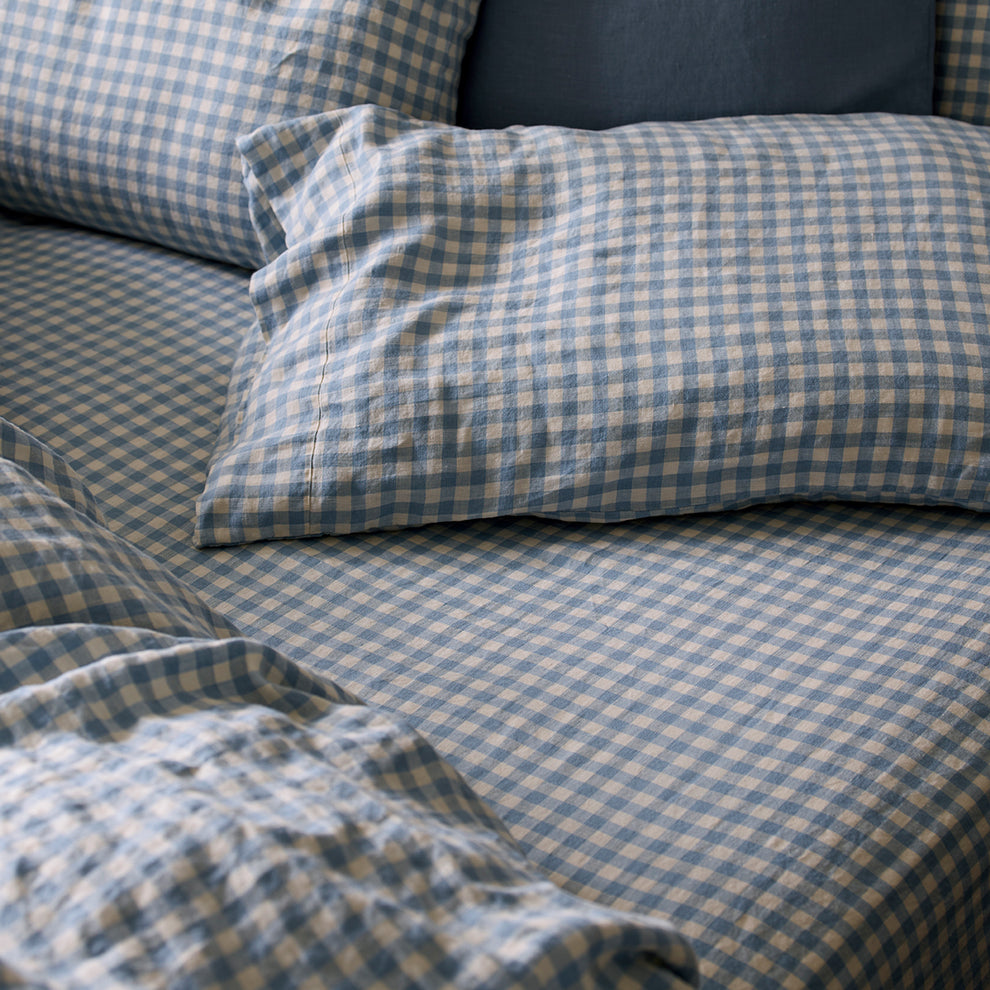 Warm Blue Gingham 100% Linen Fitted Sheet | Piglet in Bed US
